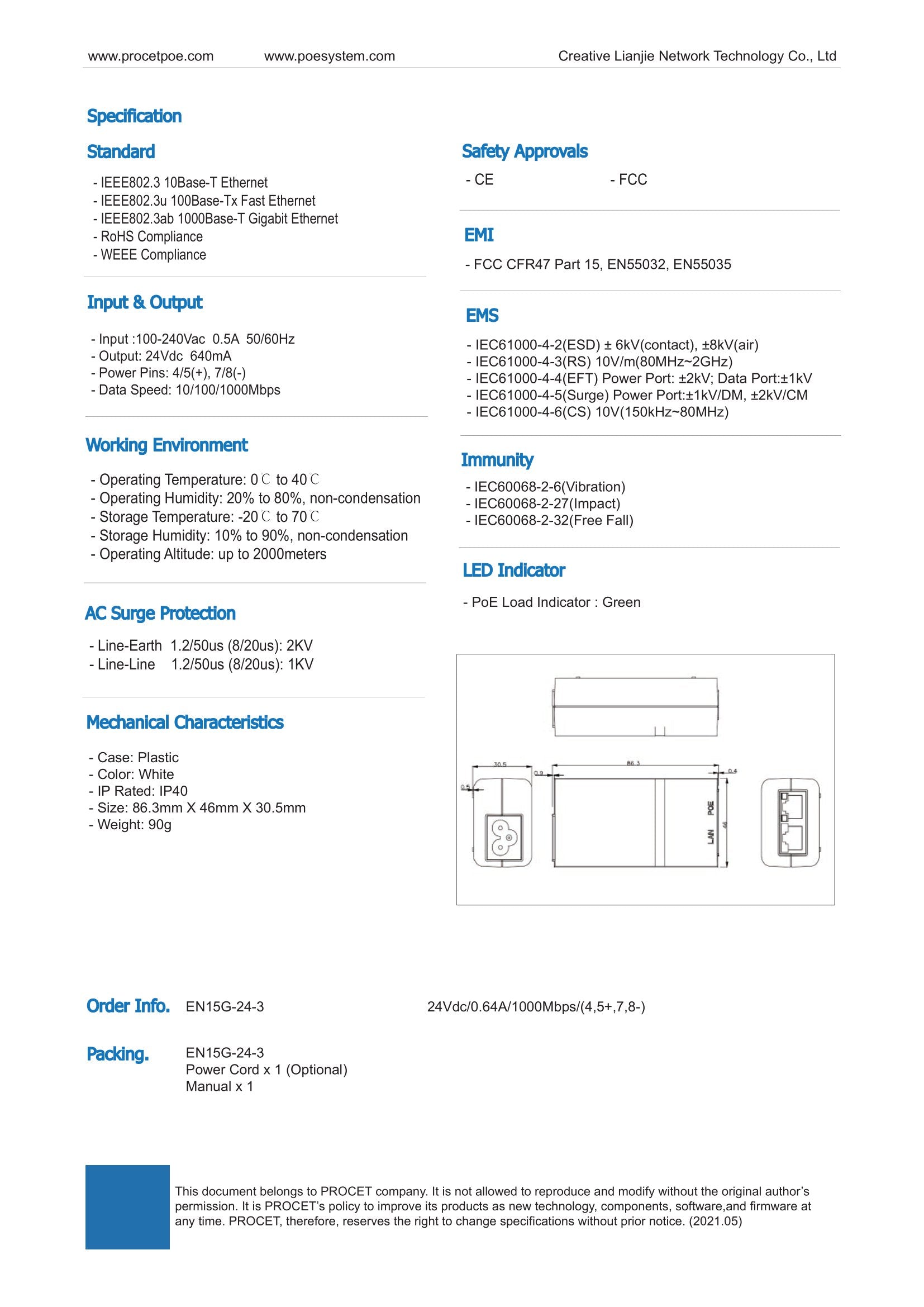Poe Switch Y-Axis 48V 625mA Gigabit Wall Plug PoE Injector Power Over ...
